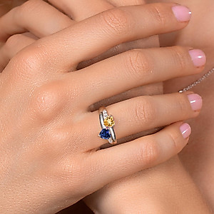 Gem Stone King 925 Sterling Silver Customized and Personalized 2-Stone Heart Shape Gemstone Birthstone and Lab Grown Diamond Custom Lazer Engraving Ring For Women (Size 7)