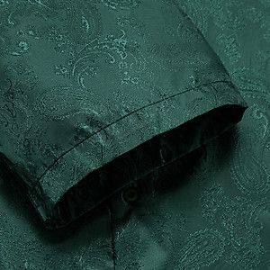 Hi-Tie Men's Dark Green Paisley Dress Shirt Solid Jacquard Silk Casual Hawaiian Button Down Shirts Short Sleeve Shirt