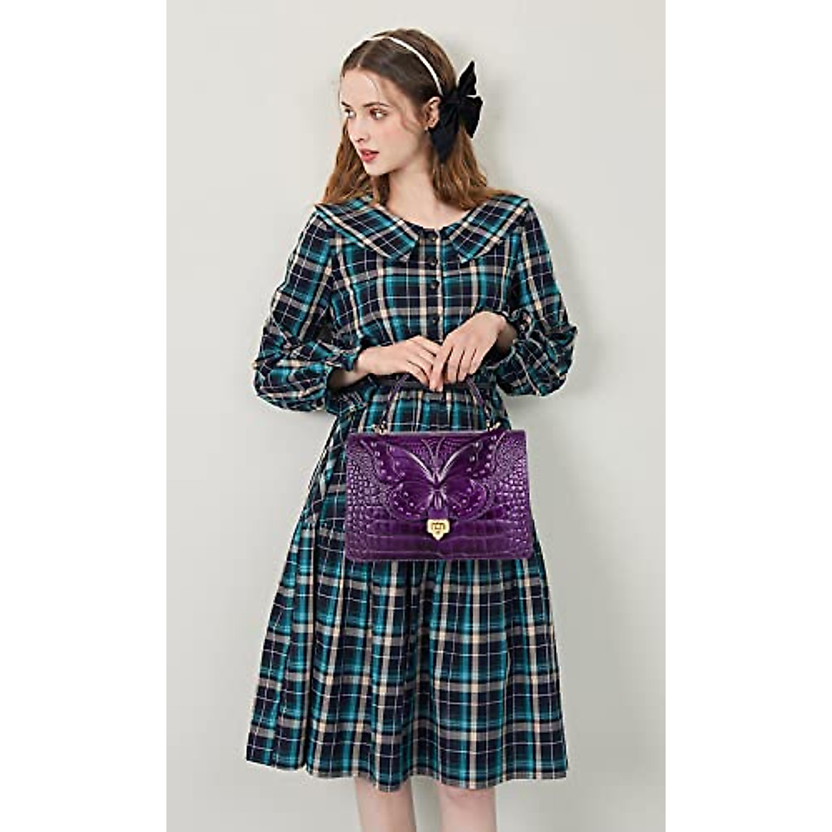 PIJUSHI Designer Crocodile Leather Handbags for Women Crossbody Satchel Bag with Butterfly(66296 Purple)