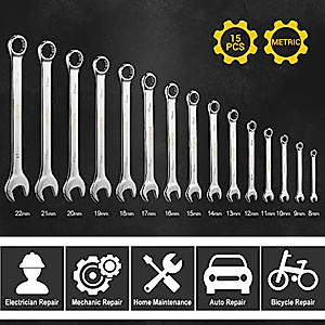 DEKOPRO Combination Wrench Set, Metric, 15-piece, 8-22mm, 12-Point, Chrome Vanadium Steel, with Plastic Tray