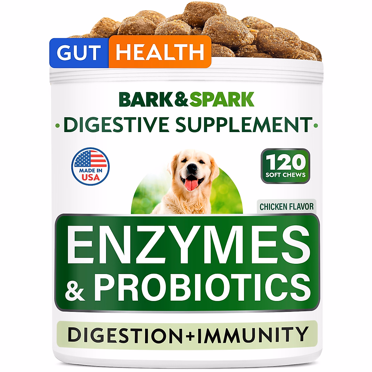 BARK&SPARK Dog Probiotics & Digestive Enzymes (Gut Health) Allergy & Itchy Skin - Pet Diarrhea Gas Treatment Upset Stomach Relief Pill, Digestion Health Prebiotic Supplement Tummy Treat (120Ct Bacon)