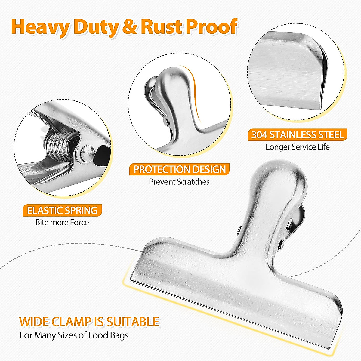 Pack of 8 Bag Clips, Stainless Steel and Heavy Duty Metal Bag Clip,Tightly Seals Chip, Coffee, Bread or Cereal Bags to Keep Food Fresh, for Home, Kitchen, Office, Pantry, Camping (Silver)