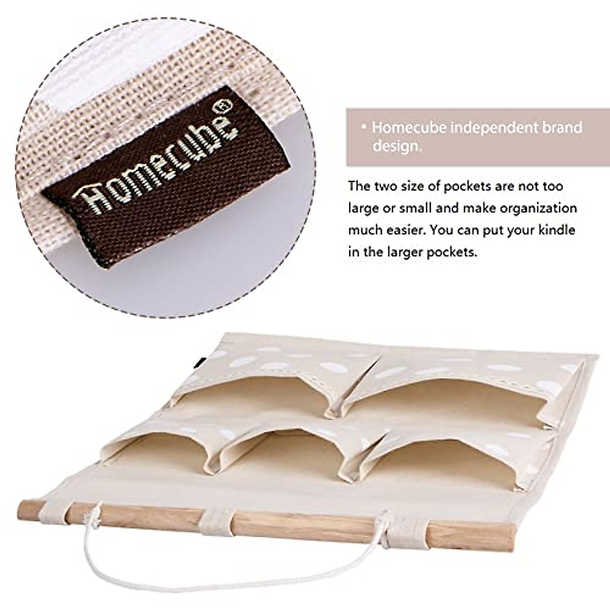 Homecube Linen Cotton Fabric Wall Door Cloth Hanging Storage Bag Case 5 Pocket Home Organizer (White Polka Dots)