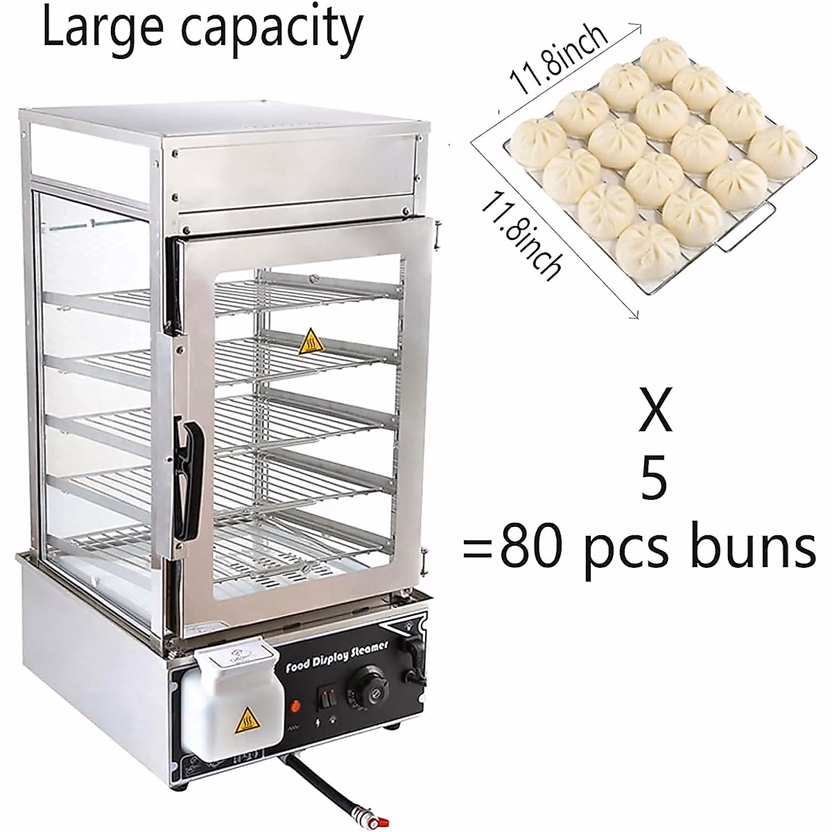Electric Food Steamer, Steamed Buns Machine Warmer Showcase for Commercial, Top Load Hut Steamer with Water Level Tank
