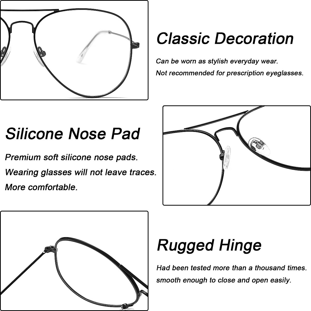 Dollger Aviator Clear Lens Glasses Non-prescription Eyeglasses Metal Frame for Women Men (3025 black)