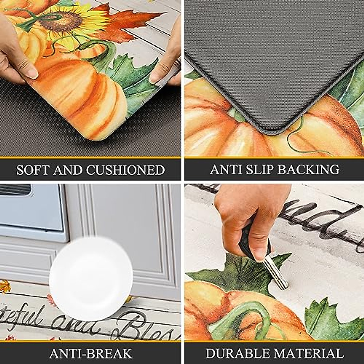 Pauwer Fall Pumpkin Kitchen Rugs Set of 2, Farmhouse Kitchen Floor Mat, Non Slip Anti Fatigue Kitchen Mats for Floor, Waterproof Cushioned Kitchen Runner Rug Set Fall Harvest Thanksgiving Decor