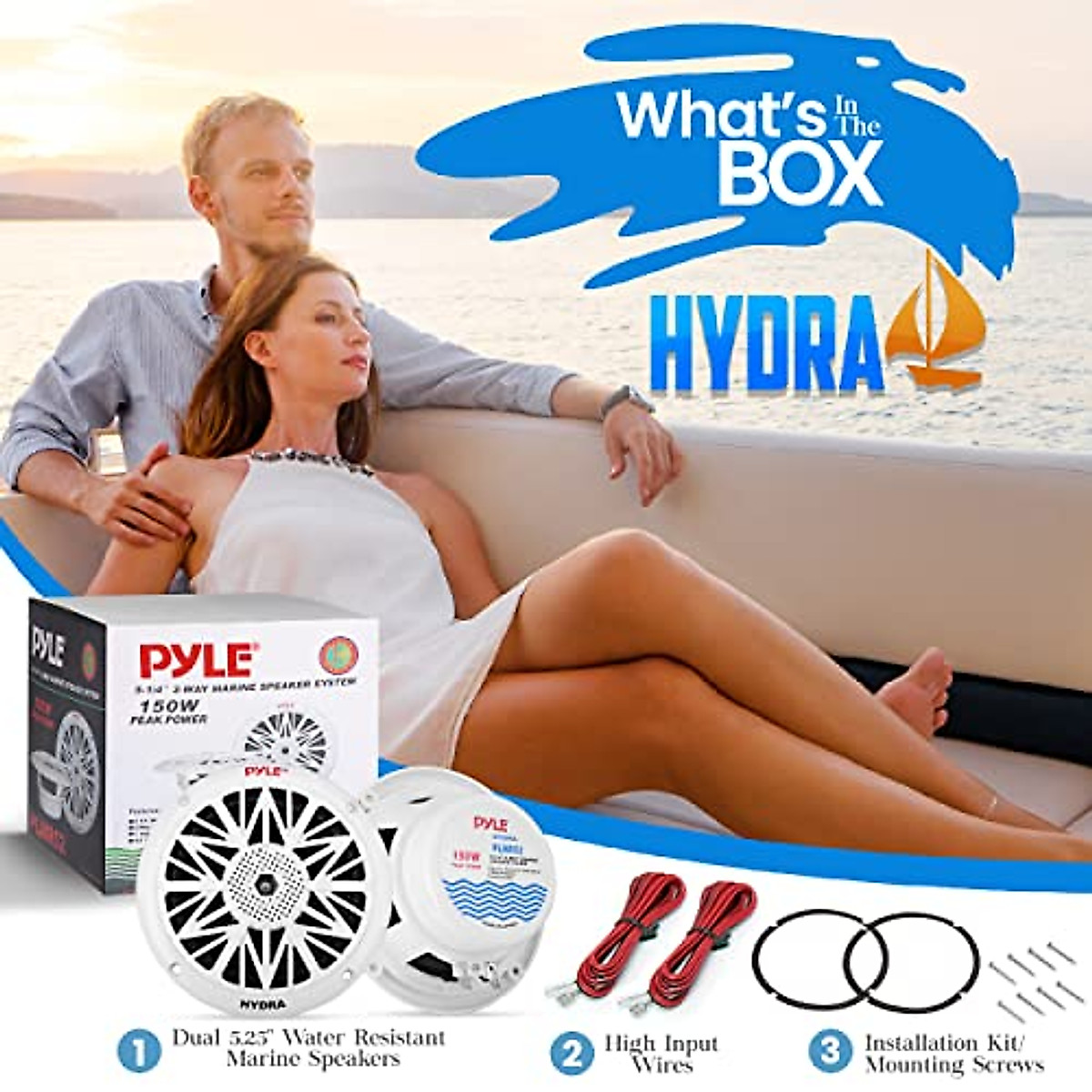 Pyle 5.25 Inch Dual Marine Speakers - 2 Way Waterproof and Weather Resistant Outdoor Audio Stereo Sound System with 150 Watt Power, Poly Carbon Cone, Cloth Surround and Low Profile Design - 1 Pair