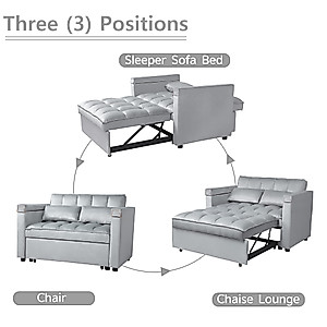 wirrytor 3 in 1 Multi-Functional Convertible Sleeper Sofa Bed, Modern Loveseat Sofa Couch Velvet Pull Out Bed with Reclining Adjustable Backrest &Hidden Table for Apartment Living Room Bedroom,Grey