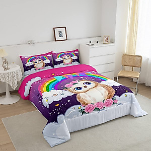 Erosebridal Rainbow Comforter Set Full,Cartoon Animal Owl Bedding for Kids Girls,Glitter Galaxy Clouds Stars Bedding Comforter Sets,Watercolor Dreamy Artwork Duvet Insert with 2 Pillowcases