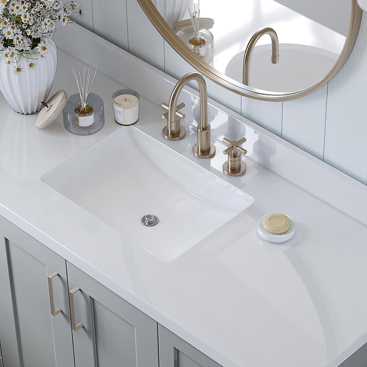 ARIEL 55" Grey Bathroom Vanity with 1.5" Edge Pure White Quartz Countertop & Backsplash, Center Rectangular Sink, 2 Soft Closing Doors, 9 Full Extension Dovetail Drawers, Toe Kick, Satin Brass