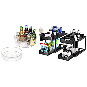 Puricon 2 Pack Clear Lazy Susan Turntable Organizer Bundle with 2 Pack Under Sink Organizers and Storage 2-Tier Double Sliding Pull-Out Drawer