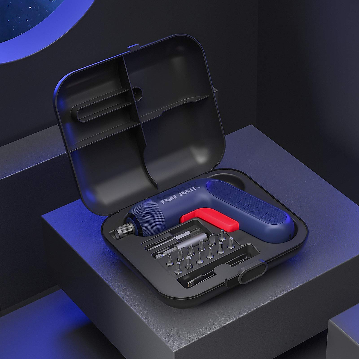 Fanttik Cordless Screwdriver Kit (NEX L1 Pro Blue), 14pcs, Digital Screen, Li-ion 2000mAh 6 Gears 0.5-6 Nm Rechargeable Electric Screwdriver Set 3.6V with USB Cable, Front LED, and Accessories Kits