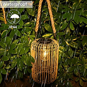 Livinlarge Solar Lantern Outdoor Waterproof, Large Solar Rattan Lantern Outdoor Hanging with Handle, Bright Solar Outdoor Lights with Edison Bulb for Garden Patio Yard Tabletop Decoration