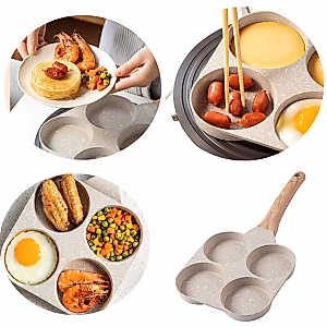 Beetoo Four-Cup Fried Egg Pan, Medical Stone Non stick CoatingFrying Pan, Aluminum Cooker with Brush, Multi Egg Frying Pan for Burger, Omelet, Outdoor Camping