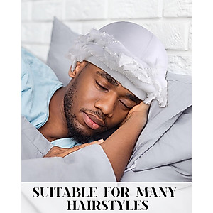 Ababalaya Adjustable Satin Lined Halo Turban Durag for Men &Women, Twisted Tassel Head Wraps, Beanie Hats for Hair Loss, White, 1 PCS