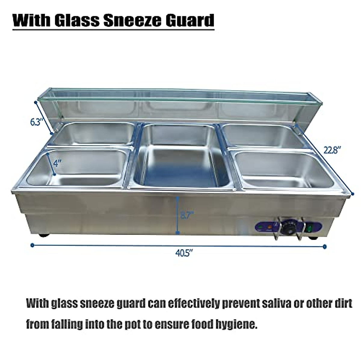 HQHAOTWU 5-Pan Electric Food Warmer Commercial Bain Marie Buffet Stainless Steel Food Container Double-Row Pans with Glass Guard for Catering Restaurant Canteen 12"×8.7"×4" Pan and 21"×13"×4" Pan