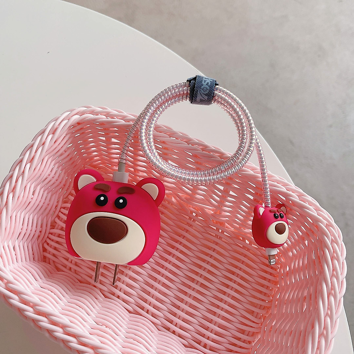 3D Cute Cartoon Charger Protector Case - Compatible for Apple 20W USB-C Power Adapter and Lightning Cable (Pink Strawberry Bear)