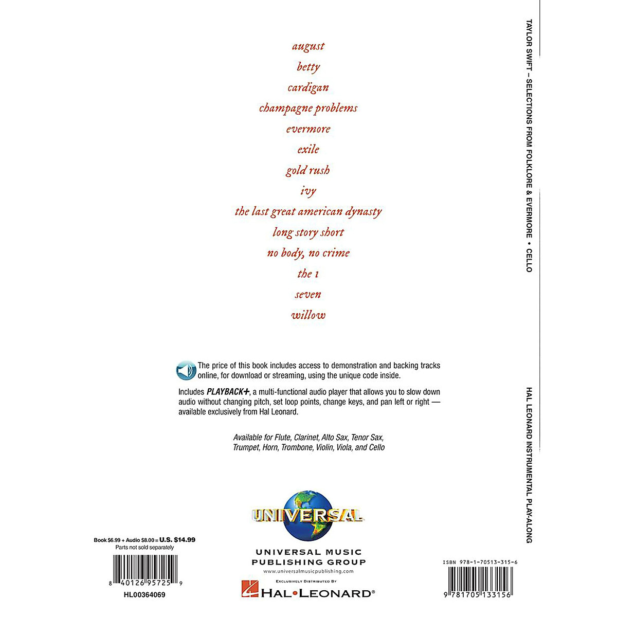 Taylor Swift - Selections from Folklore & Evermore: Cello Play-Along Book with Online Audio (Hal Leonard Instrumental Play-along)