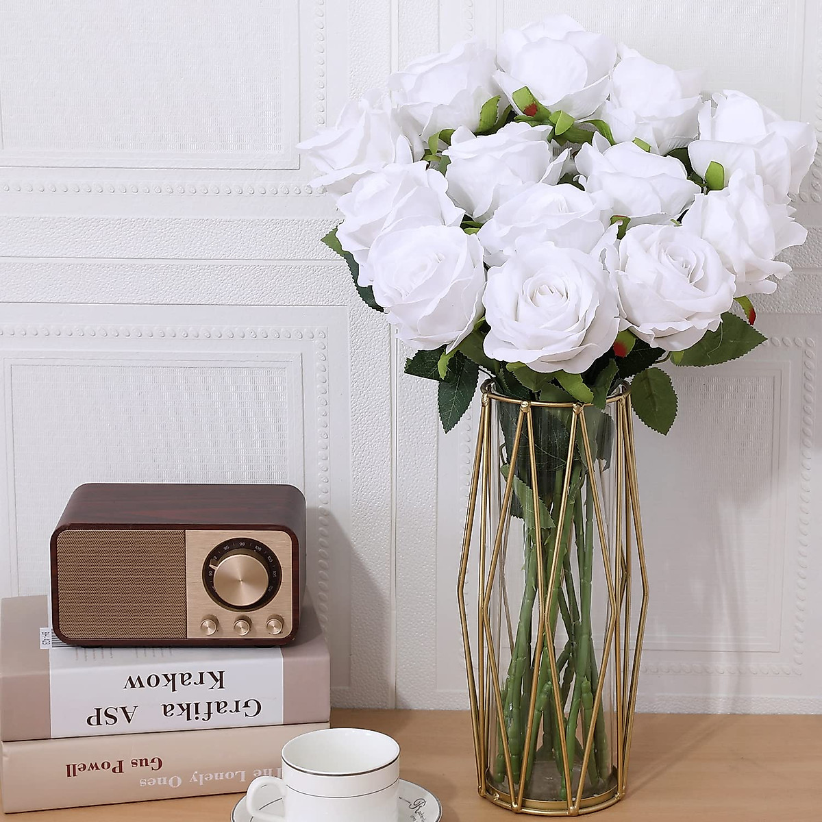 Cloudecor 15Pcs Artificial Roses Velet Real Touch Single Stem Fake Roses Silk Realistic Bouquet Flowers Arrangements Home Office Garden Grave Party Wedding Decoration(Pure White-15p, Blossom Roses)