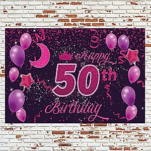 Sweet Happy 50th Birthday Backdrop Banner Poster 50 Birthday Party Decorations 50th Birthday Party Supplies 50th Photo Background for Girls,Boys,Women,Men - Pink Purple 72.8 x 43.3 Inch