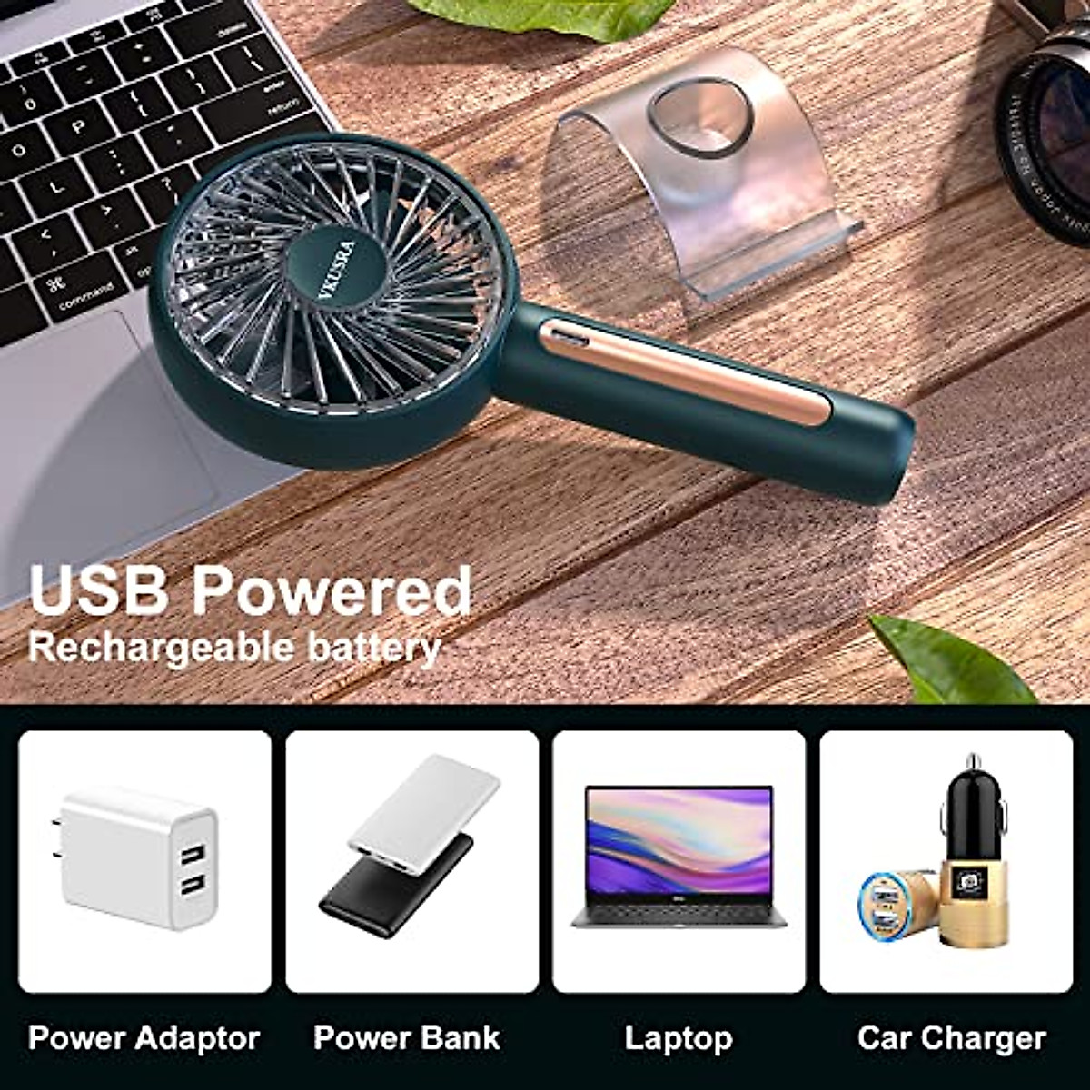 VKUSRA Handheld Fan, Mini Portable Fan, Small Personal Battery Operated Hand Held Fan with 4 Speeds, USB Rechargeable Eyelash Desk Fan with Base & Adjustable Angle for Office Outdoor Traveling-Green
