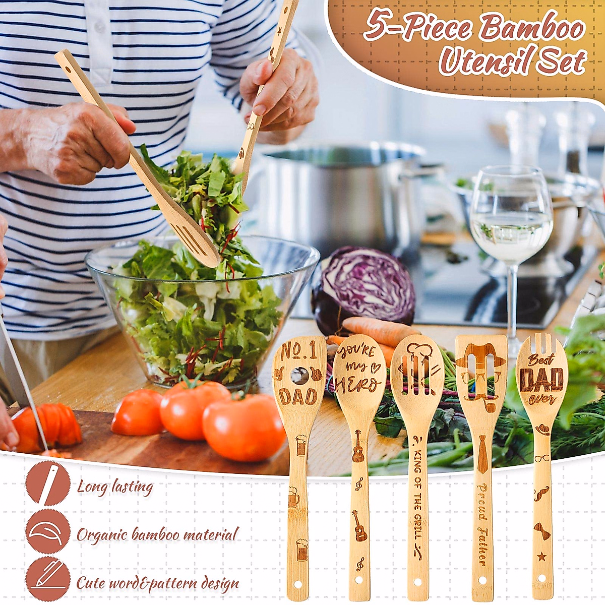 Nuenen 7 Pcs Father's Day Gifts Grandpa Gifts Papa Gifts, Dad Gift from Daughter Cutting Board Apron Bamboo Spoons Utensils(Dad)