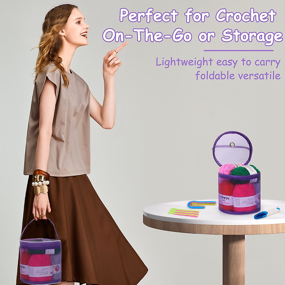 Katech Yarn Storage Case Empty Small Round Mesh Storage Bag Portable Knitting Yarn Balls Organizer Basket Crochet Thread Sewing Accessories Storage Tote Bags (Purple)