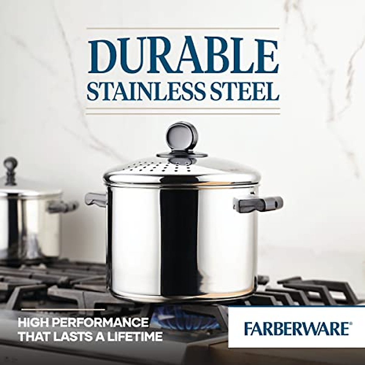Farberware Classic Series Stainless Steel 8-Quart Covered Straining Stockpot with Lid, Stainless Steel Pot with Lid, Silver