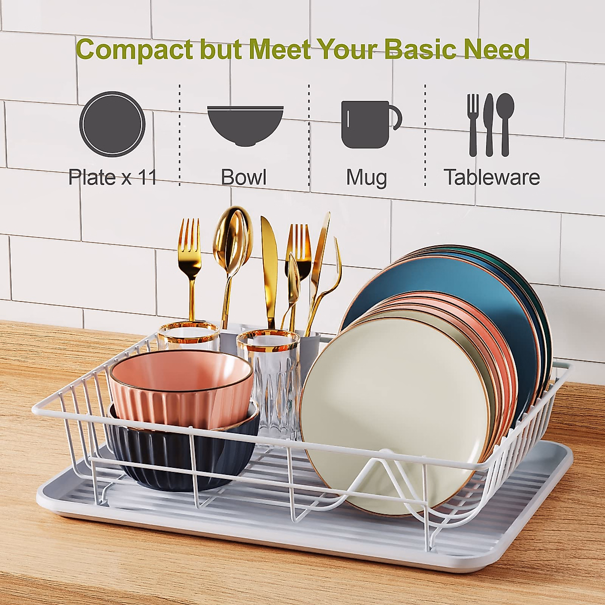 GSlife Dish Drying Rack for Kitchen Counter Small Dish Rack with Drainboard Tray Dish Racks Drainer for Kitchen Countertop, Snow White