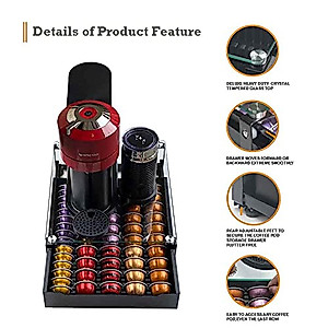 BLACKSMITH FAMILY Patented Crystal Tempered Glass Vertuo Pods Drawer Holder with Smooth Gliding System, Compatible for 50 Nespresso Big Vertuo Pods or 75 Small Pods, Black