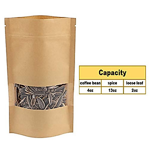 Katfort Stand Up Pouches 100pcs, 7.8''×4.6'' Resealable Bags for Small Business, Resealable Kraft Paper Bags with Window, Paper Bakery Bag for Small Business, Family, Company