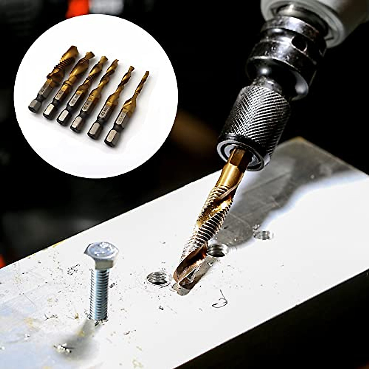 PERFACTOOL Combination Drill & Taps Bit Set, 1/4'' Hex Shank Spiral Countersink Drill Bits, for Metal, Plastic, Wood Drilling (6 Pack)