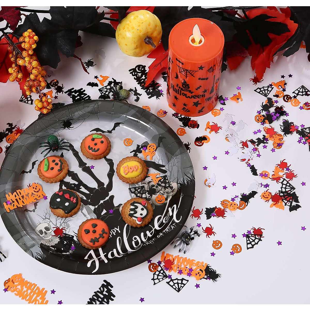 Halloween Party Table Scatter Confetti, 60g Pumpkin Spider Webs Bat Foil Metallic Confetti Party Table Decoration Halloween Party Supplies (Happy Halloween)