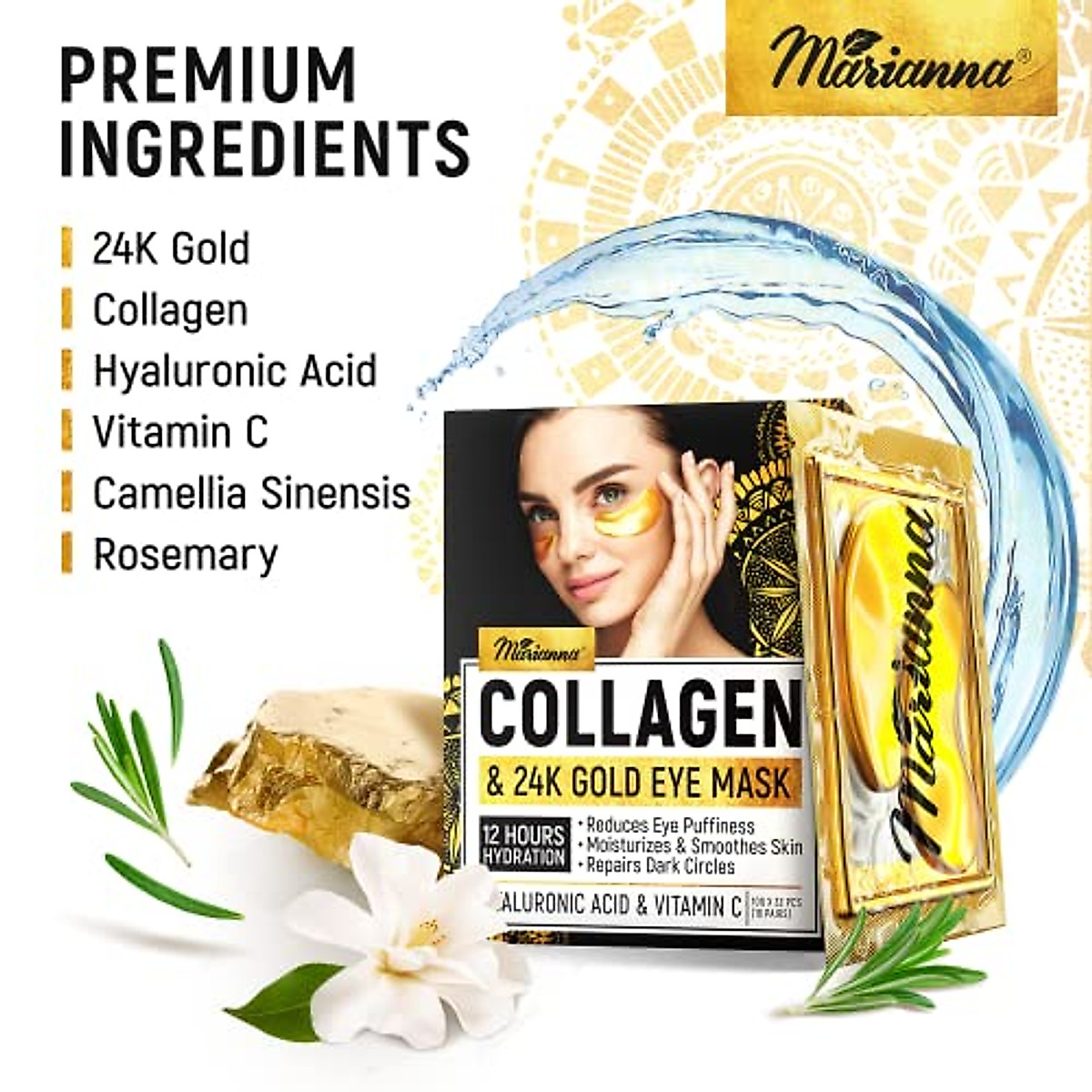 24K Gold Under Eye Masks for Puffy Eyes, Dark Circles & Bags - Collagen Gel Eye Pads with Hyaluronic Acid & Vitamin C - Moisturizing & Smoothing - Reduces Wrinkles - 16 Pairs, Pack of 1