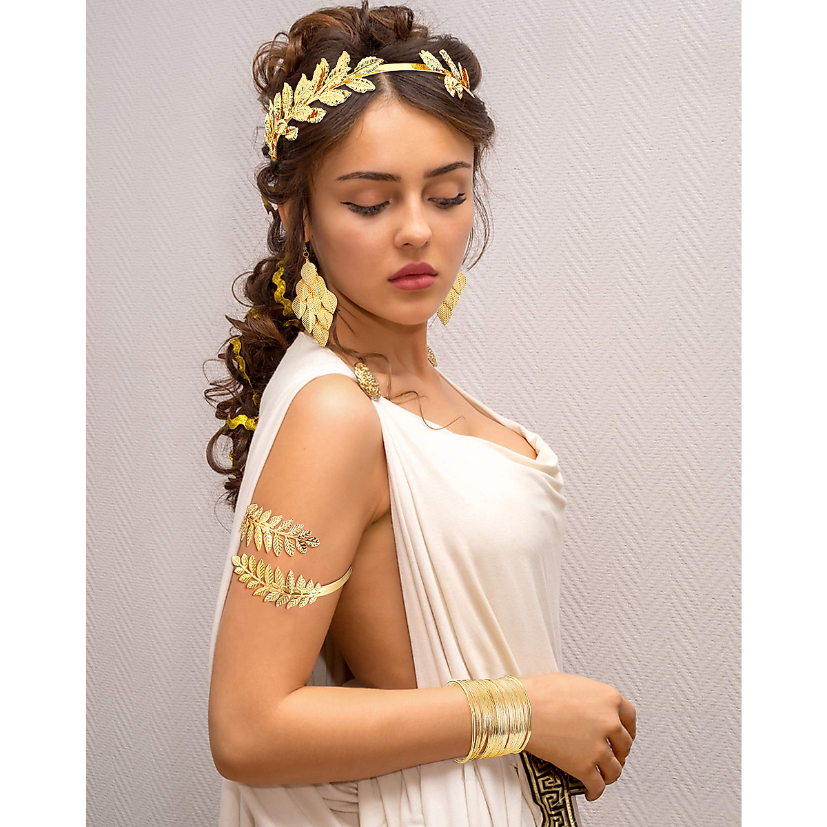 Jstyle Grecian Goddess Costume Accessories Set for Women Leaf Headband Coil Upper Arm Bracelet Dangle Earrings for Wedding Toga Party