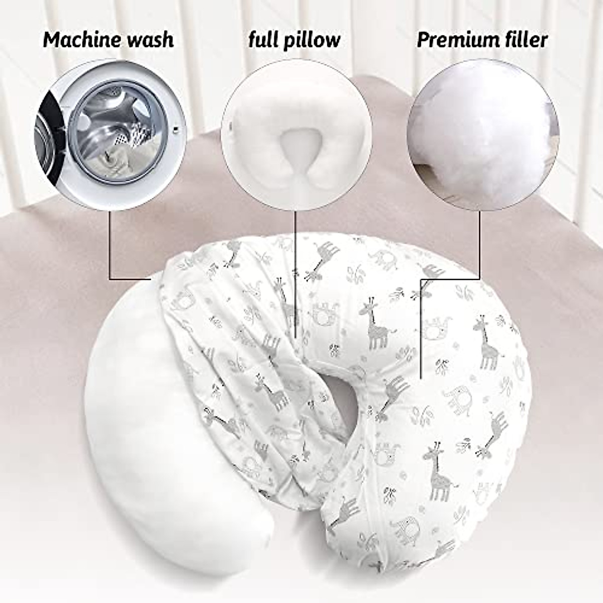 LAT Nursing Pillow and Positioner,Best for Mom Breastfeeding Pillow,100% Cotton Soft Fits Snug On Infant (Giraffe & Elephant)