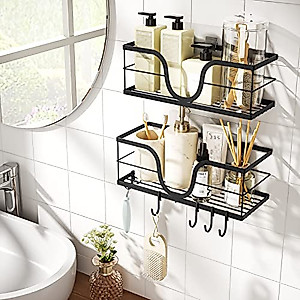 Alsonerbay Shower Caddy, Adhesive Shower Organizer, No Drilling Shower Shelf with Hooks for Bathroom Storage, Rustproof 304 Stainless Steel Shower Rack, 2 pack, Matte Black