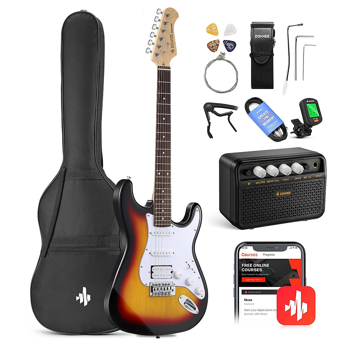 Donner DST-100S 39 Inch Full Size Electric Guitar Kit Solid Body Sunburst, Beginner Starter, with Amplifier, Bag, Capo, Strap, String, Tuner, Cable, Picks