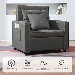 BIGSYY 3-in-1 Chair Bed, Folding Sofa Bed with Adjustable Backrest, Pull Out Sleeper Chair Bed, Multi-Functional Single Armchair,Modern Linen Fabric Chair Bed (Linen Dark Grey)