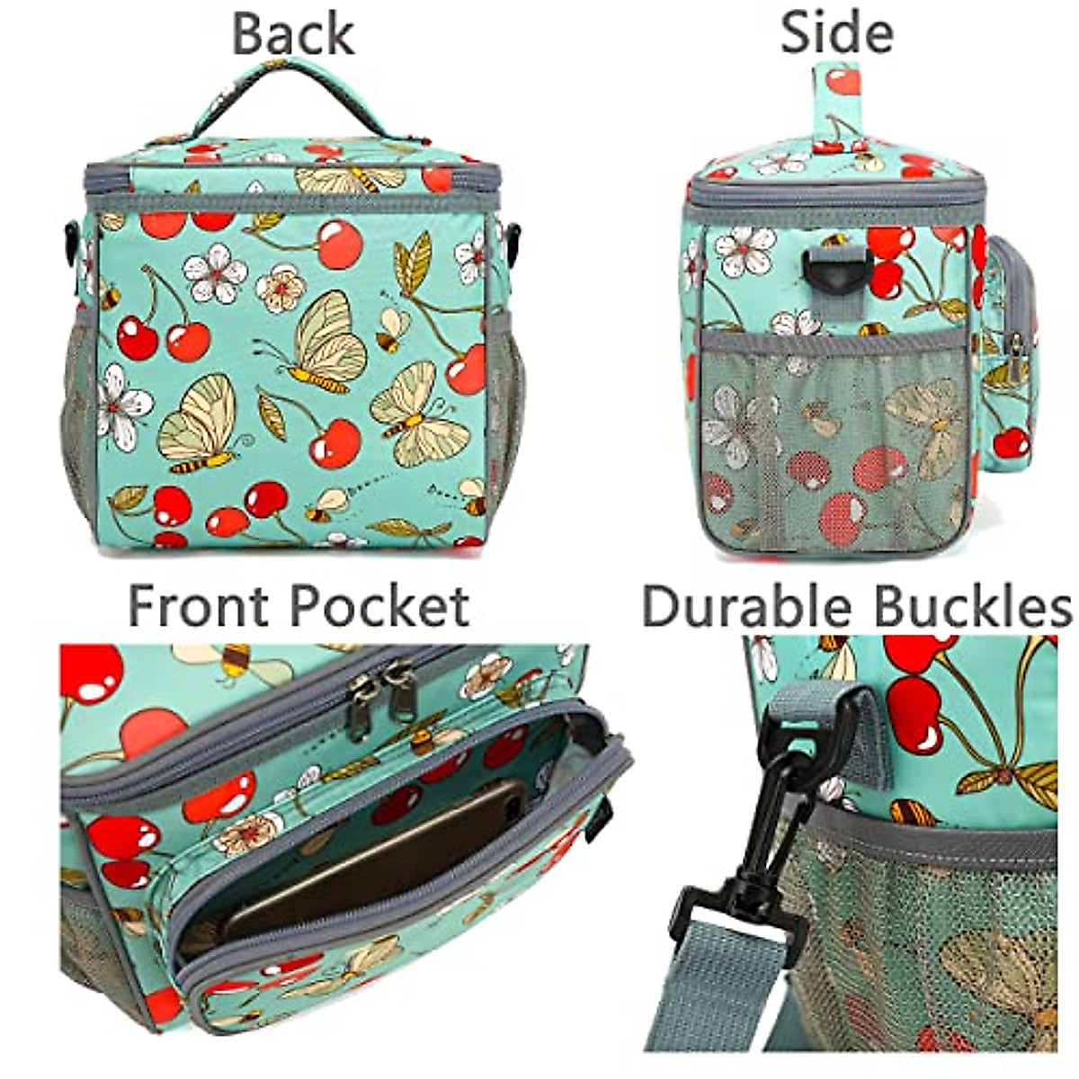 FlowFly Insulated Reusable Lunch Bag Adult Large Lunch Box for Women and Men with Adjustable Shoulder Strap,Front Zipper Pocket and Dual Large Mesh Side Pockets,Cherry