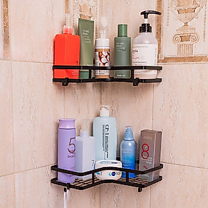 Generic Corner Shower Caddy Adhesive 2-Pack - Black Shower Organizer with Hooks | No-Drill, Rustproof Storage Baskets for Bathroom, Apartment, and Dorm