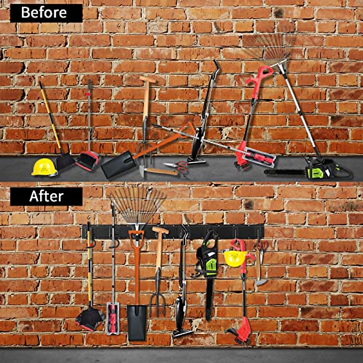 Garage Tool Organizer Wall Mount, 11 PCS Garden Tool Rack Garage Storage, 8 Heavy Duty Adjustable Hooks Steel and 3 Rails Aluminum, 450 LBS Max Load