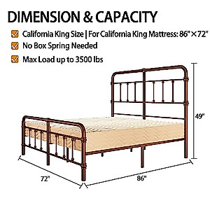 Macbimony Cal-King-Bed-Frame with headboard Giselle-Vintage Antique-Metal - Iron Platform Mattress Foundation,49 inch High,No Box Spring Needed(Brown)