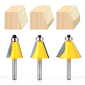 MEIGGTOOL 3Pcs Chamfer Router Bit Set, 1/4-Inch Shank Round Nose, Cutting Angle: 15, 22.5, 30 Degree, 1 Inch Cutting Length