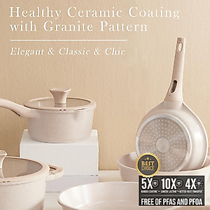 Vkoocy Non Stick Pots and Pans Set, Healthy Ceramic Cookware Set, 3pcs Kitchen Cooking Pots and Frying Pan Saucepans Set, PFAS-Free, Taupe