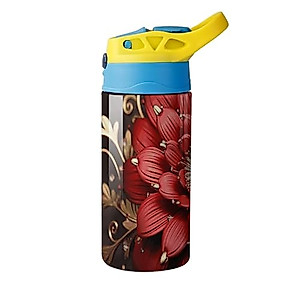 Stainless Steel Water Bottles Red Gold Flower Travel Water Cups with Handle And Silicone Straw Drinking Cup with Leak Proof Lid Thermo Travel Mug for Women Men
