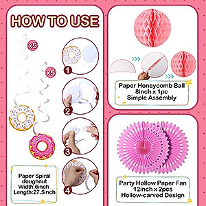 19 Pcs Donut Birthday Party Decorations, 6 Pcs Donut Lanterns Sprinkle Hanging Paper Lanterns, Honeycomb Ball, 2 Pcs Party Paper Fans, 10 Pcs Donut Hanging Swirl for Baby Shower Ice Cream Party (Pink)