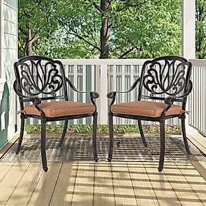 MEETWARM 2 Piece Patio Dining Chairs with Cushions, Outdoor All-Weather Cast Aluminum Chairs, Patio Bistro Dining Chair Set of 2 for Garden Deck Backyard, Dark Bronze