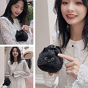 HUIJUFU Realistic Puffy Plush Cat Shaped Crossbody Handbag for Women (Black Cat)