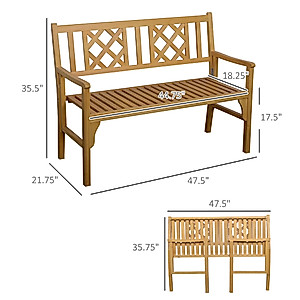 Outsunny 4FT Wooden Outdoor Garden Bench for 2, Portable Folding Loveseat 2-Seater Chair with Backrest, Armrests and Slat Seat, Natural